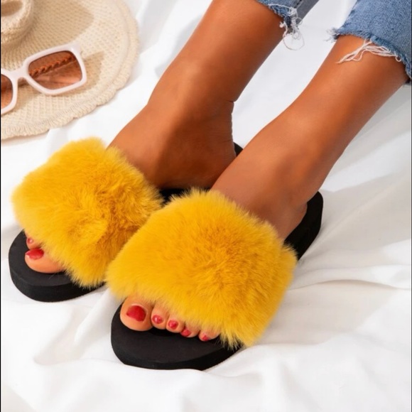 Passion of Essence | Shoes | New Yellow Fluffy Slide Slippers | Poshmark